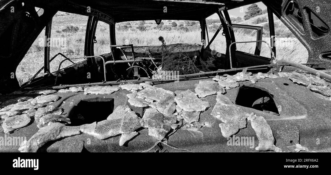 Burned car wreck, land fire aftermath, Greece, Southern Europe Stock ...