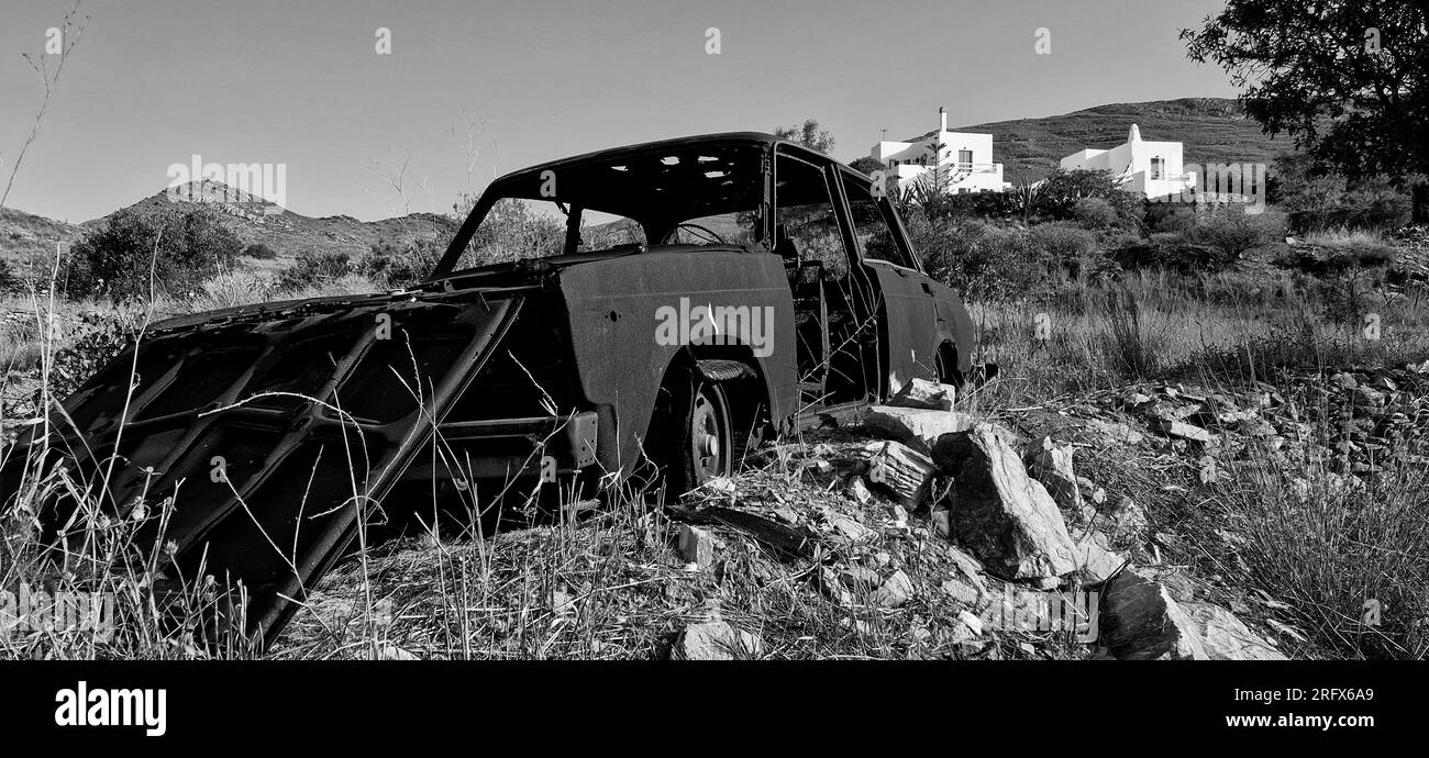 Burned car wreck, land fire aftermath, Greece, Southern Europe Stock ...