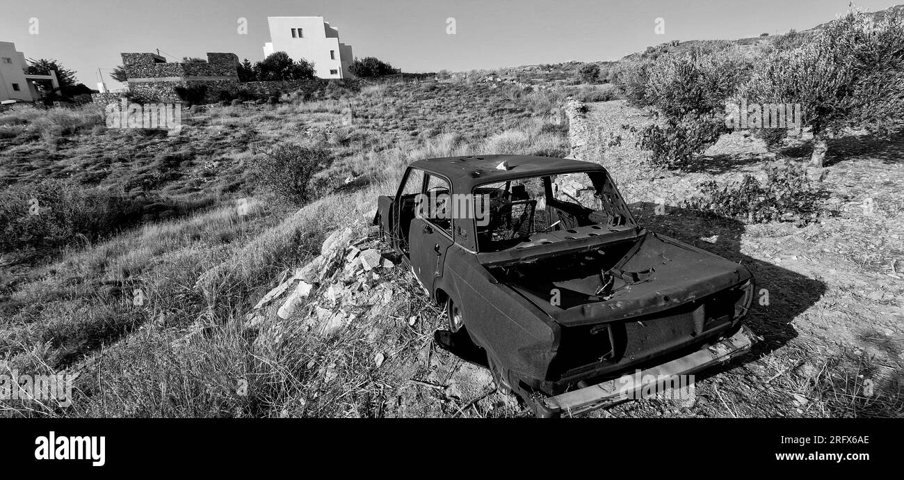 Burned car wreck, land fire aftermath, Greece, Southern Europe Stock ...