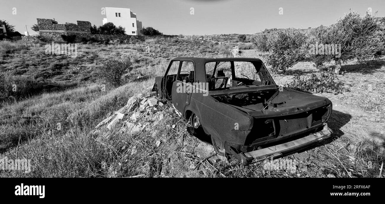 Burned car wreck, land fire aftermath, Greece, Southern Europe Stock ...