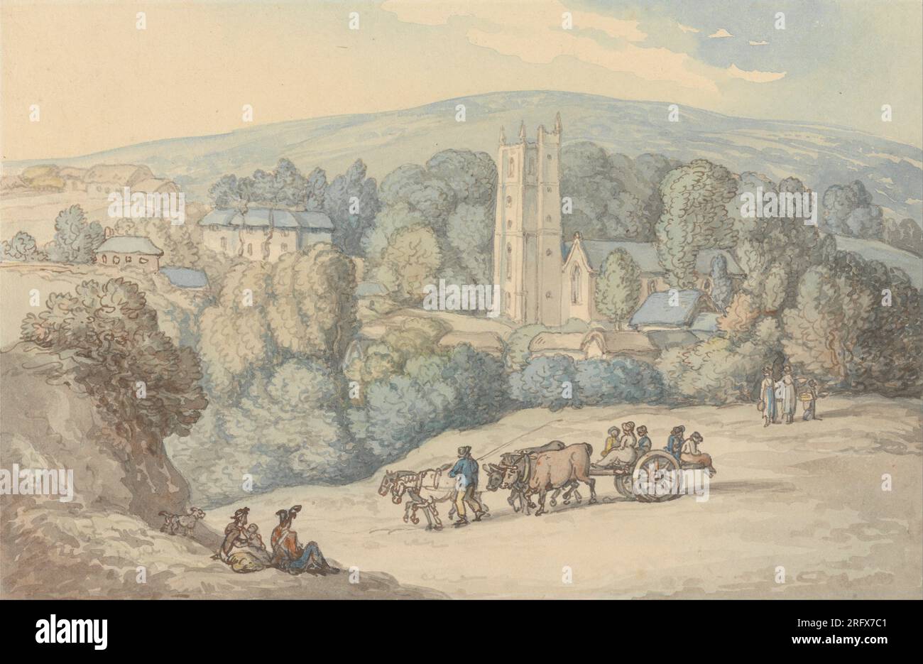 View of the Church and Village of St. Cue, Cornwall circa 1812 by ...