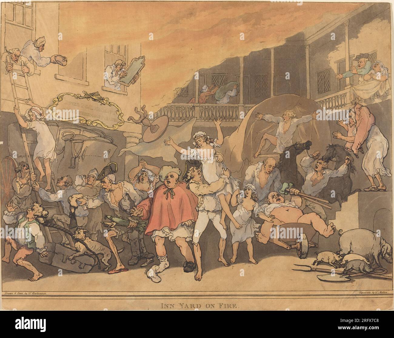 "Thomas Rowlandson, The Inn Yard on Fire, 1791, hand-colored etching ...