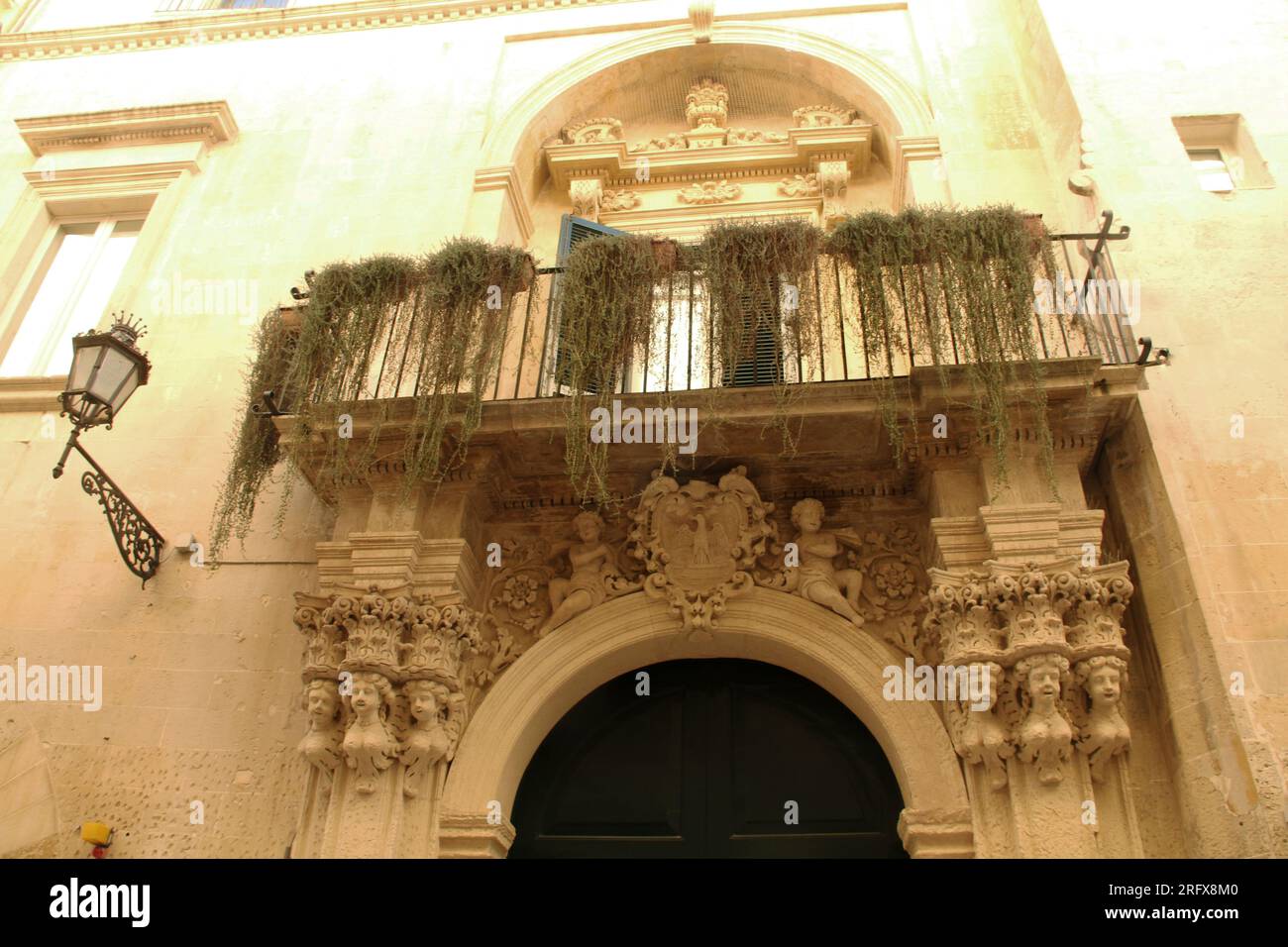 Lecce, Italy. The portal of Palazzo Grassi (b. 1717), with the family ...