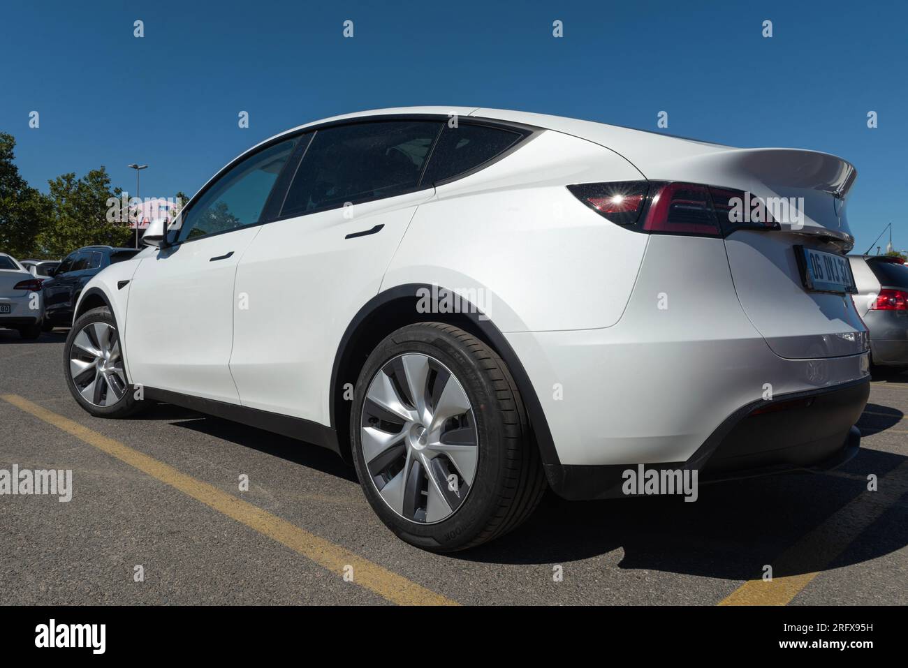 ISTANBUL, TURKEY - JULY 29, 2023: A white Tesla Model Y is seen parked ...