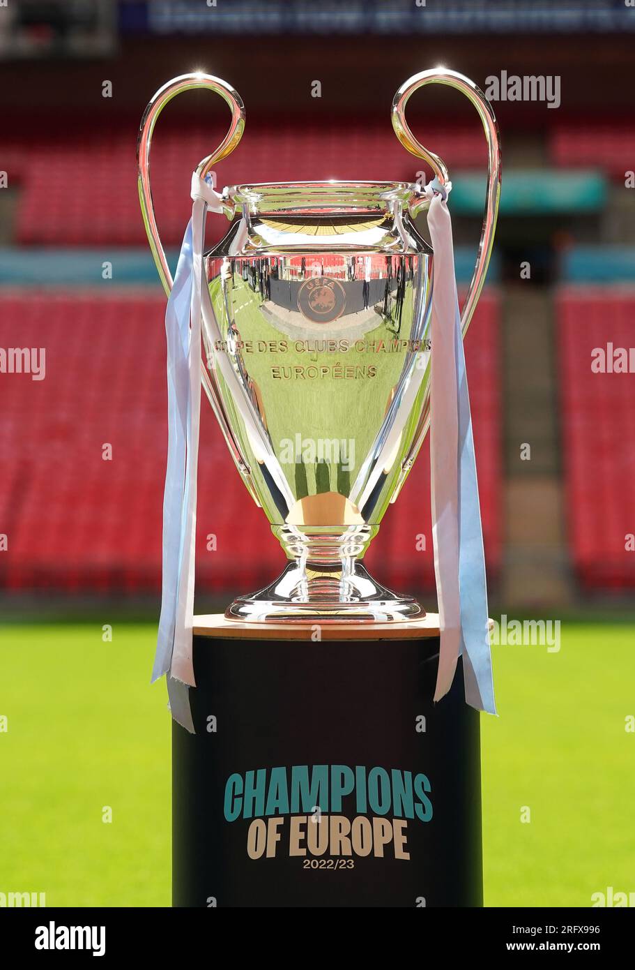 A view of Manchester City's 2022/23 Champions League trophy on display ...
