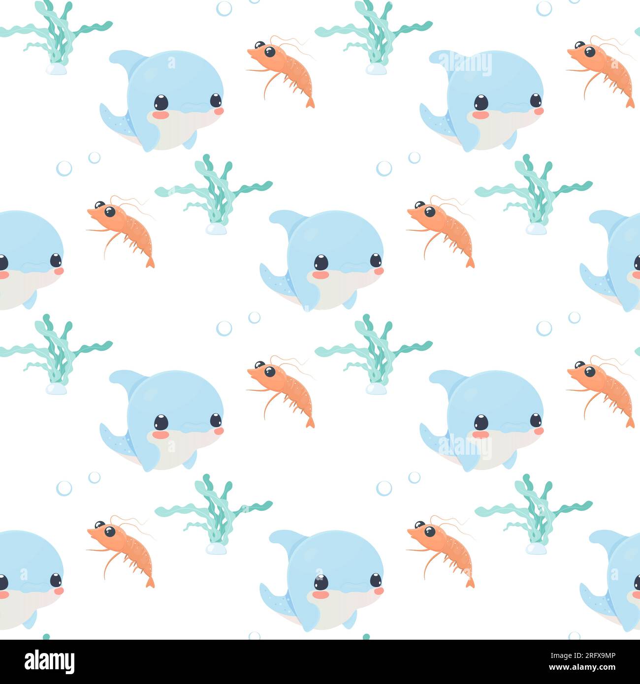 Sea creatures pattern seamless set cute vector on white isolated background, shrimp, seaweed ...