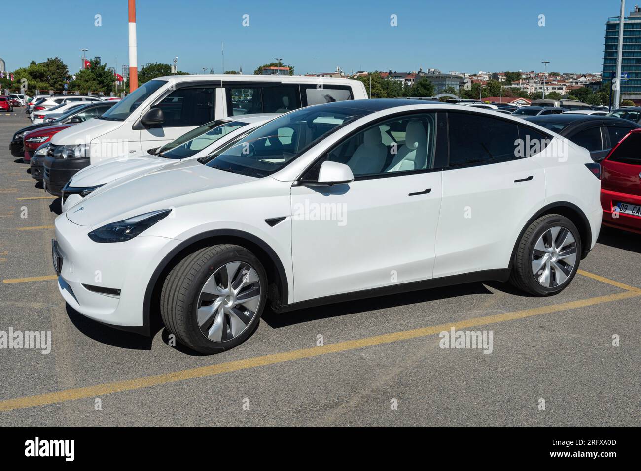 ISTANBUL, TURKEY - JULY 29, 2023: A white Tesla Model Y is seen parked ...