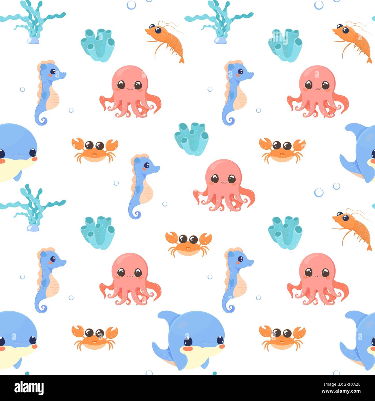 Sea creatures pattern seamless set cute vector on white isolated ...