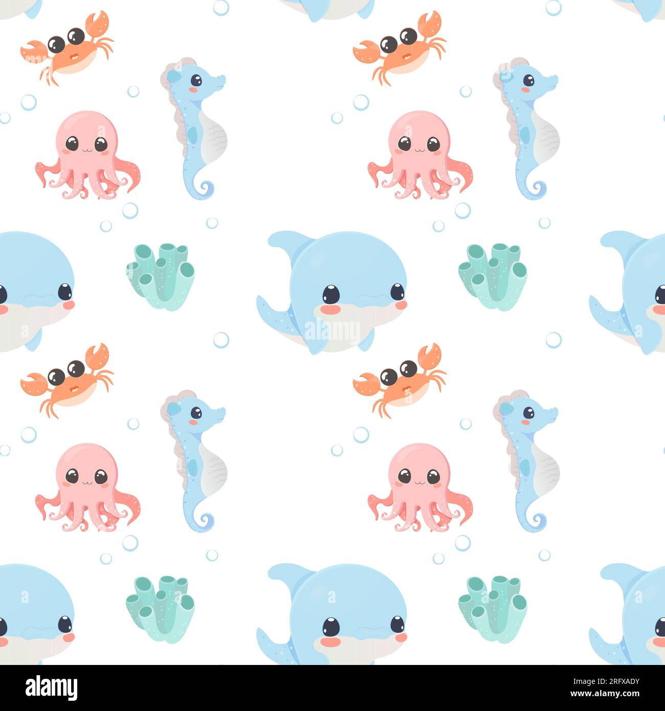Sea creatures pattern seamless set cute vector on white isolated ...