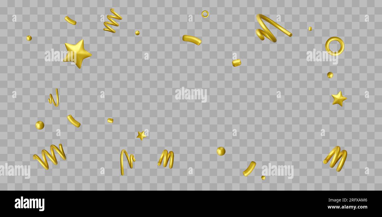 Golden confetti isolated on transparent background. 3D confetti template for birthday invitation ...