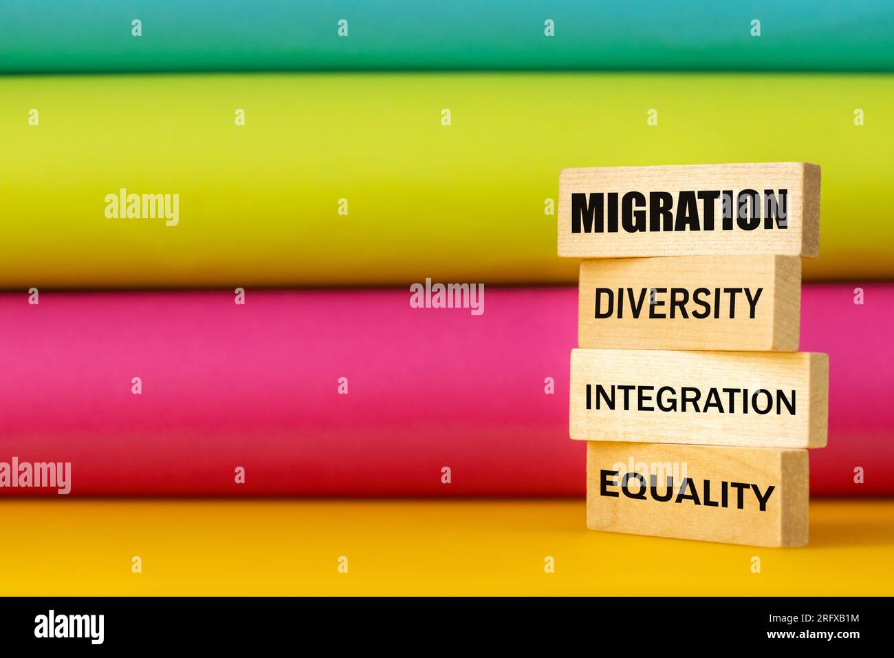 Words migration, diversity, integration and equality on wooden blocks ...