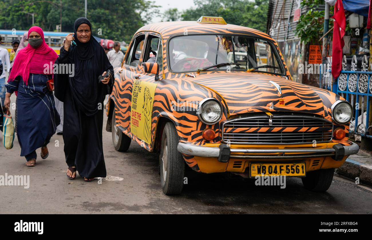 Women walk past a parked Ambassador taxi that was decorated with tiger ...