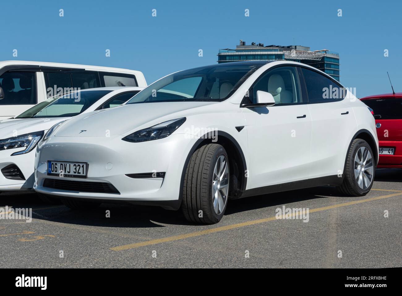 ISTANBUL, TURKEY - JULY 29, 2023: A white Tesla Model Y is seen parked ...