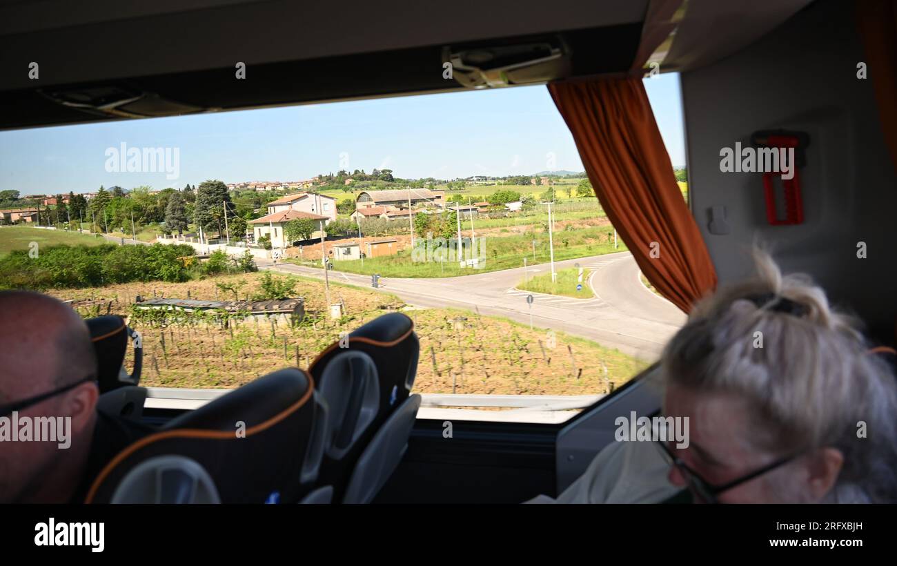 Tour bus view out window Stock Photo - Alamy
