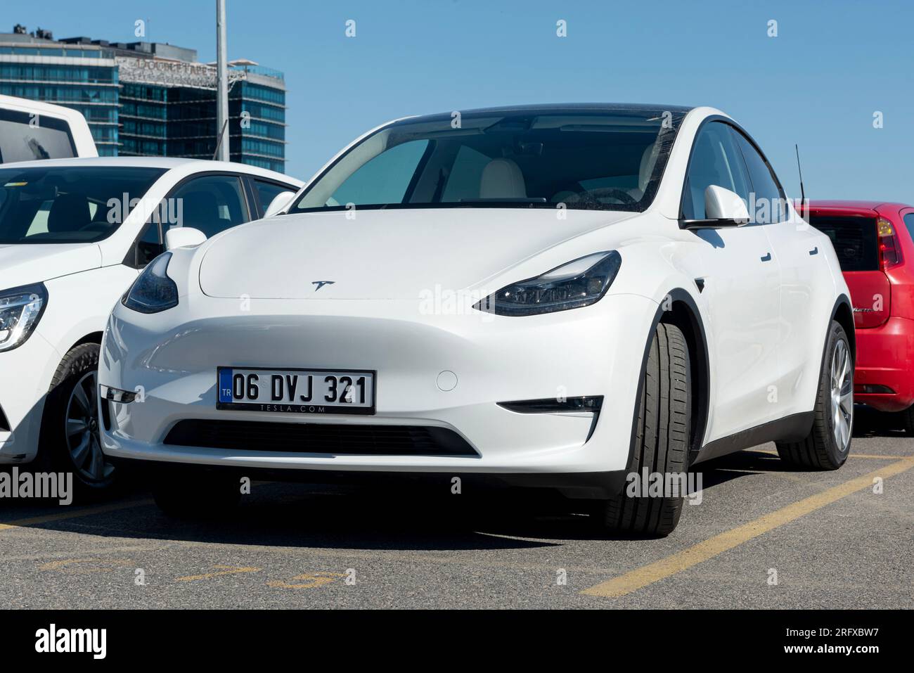 ISTANBUL, TURKEY - JULY 29, 2023: A white Tesla Model Y is seen parked ...