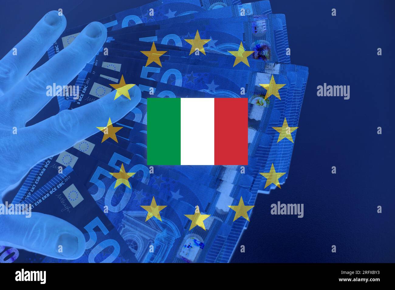 Hand on banknotes with the European and Italian flags as background ...