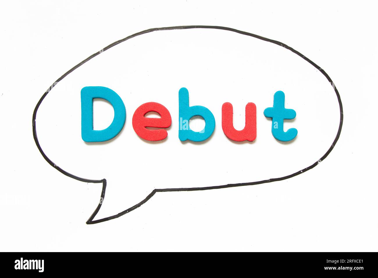 Alphabet letter with word debut in black line hand drawing as bubble ...