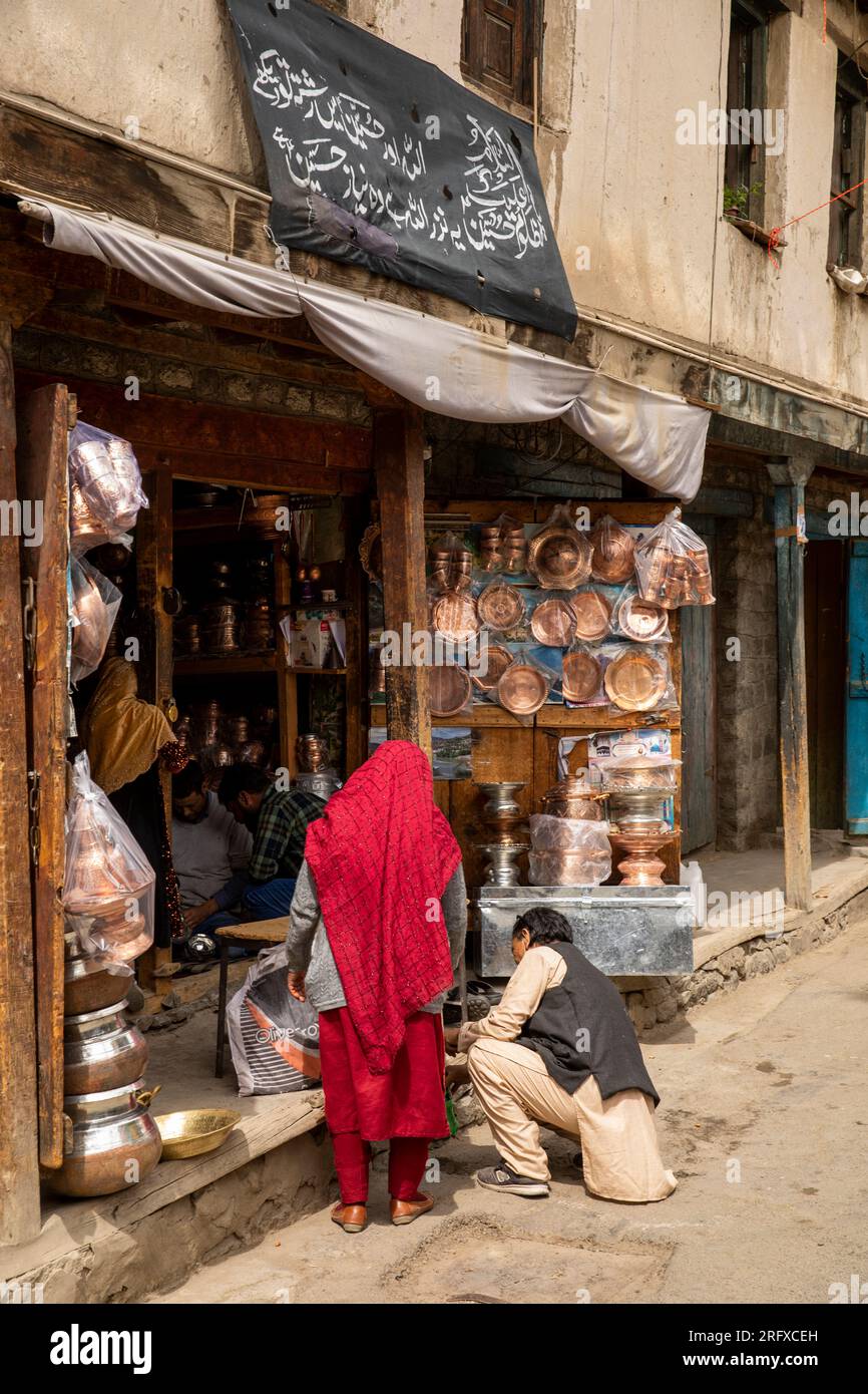 India, Jammu & Kashmir, Kargil, old bazaar, copper and hardware stall ...