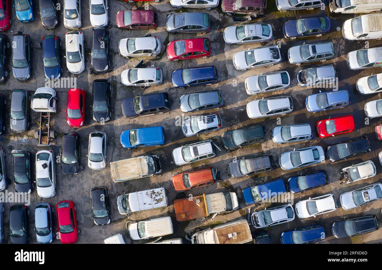Car compound for scrap metal recycling viewed from above Stock Photo ...