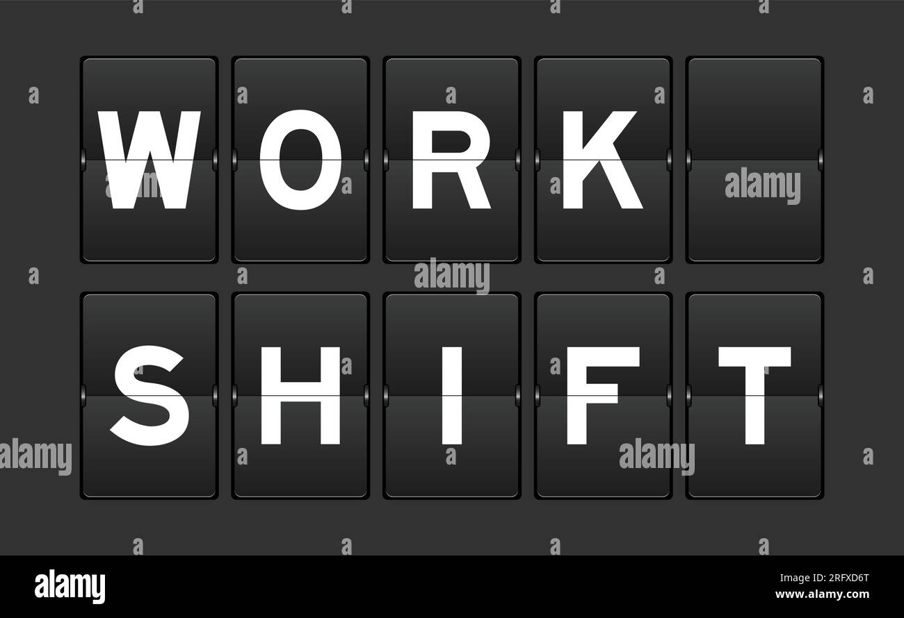 Black color analog flip board with word work shift on gray background ...
