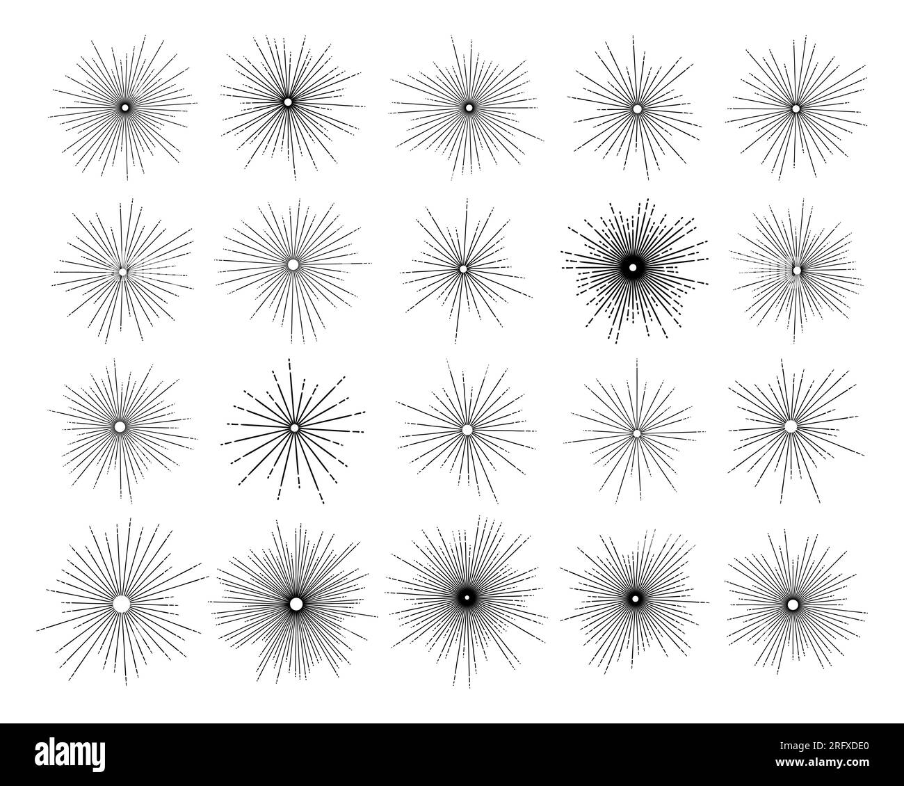 Sunburst round elements set. Big collection of sun rays in line art ...