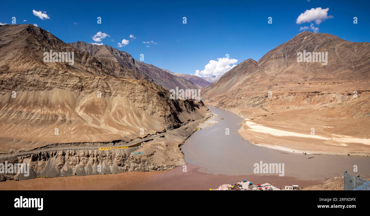 India, J&K, Ladakh, Sangam, Zanskar river at confluence with Indus ...