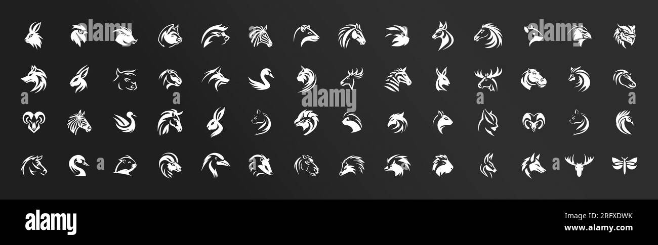 Set of animal head profile icons. Collection of simple flat wildlife ...