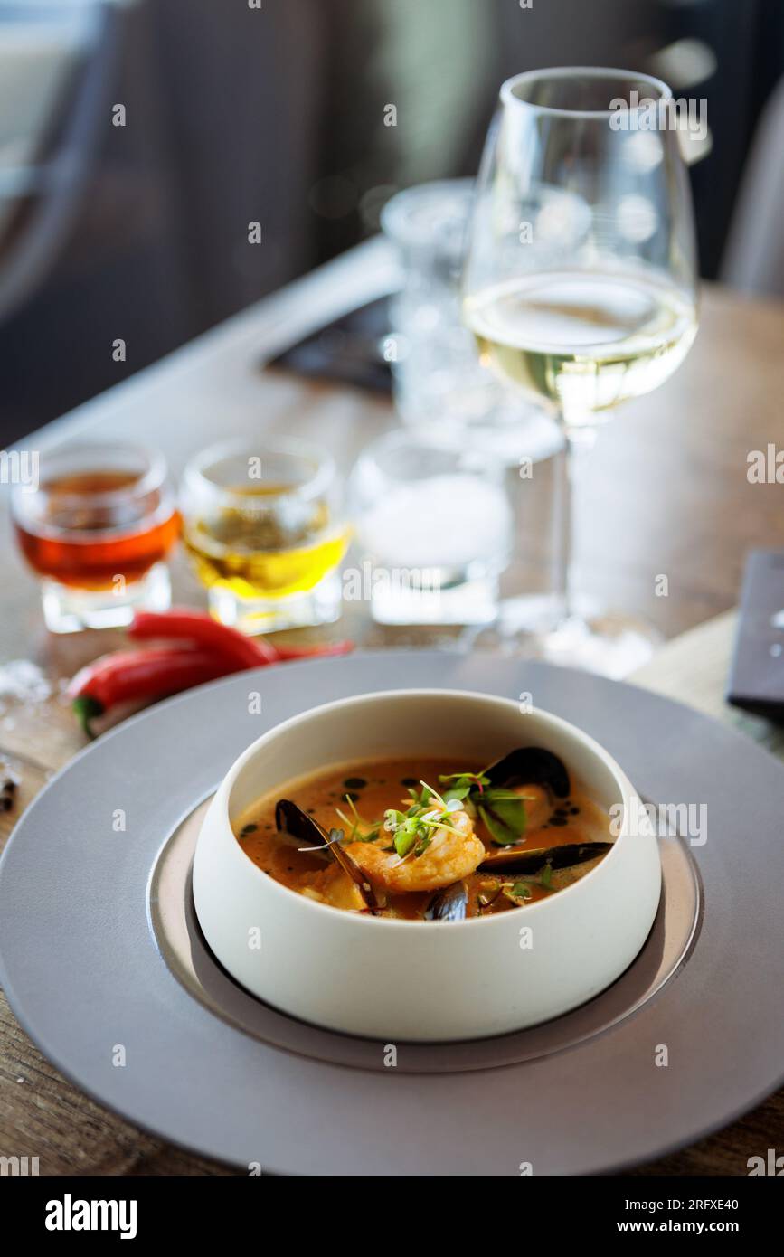 Shrimp Bisque with Seafood. King prawn, blue mussels, cod, whipped ...