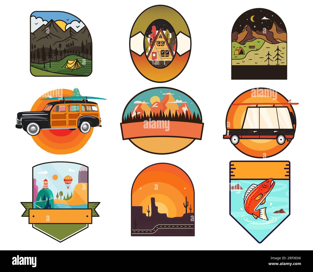 Camping Adventures badges big set designs with mountains, camper car ...