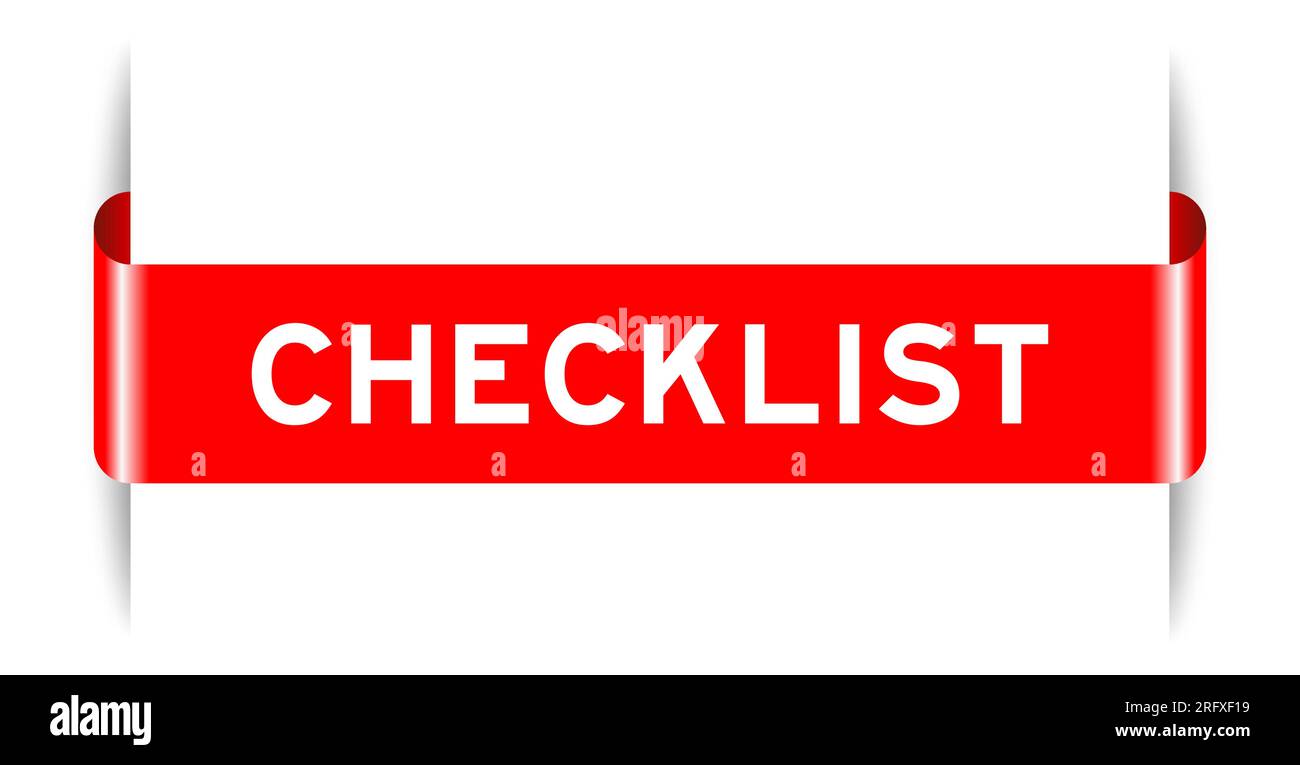Red color inserted label banner with word checklist on white background ...
