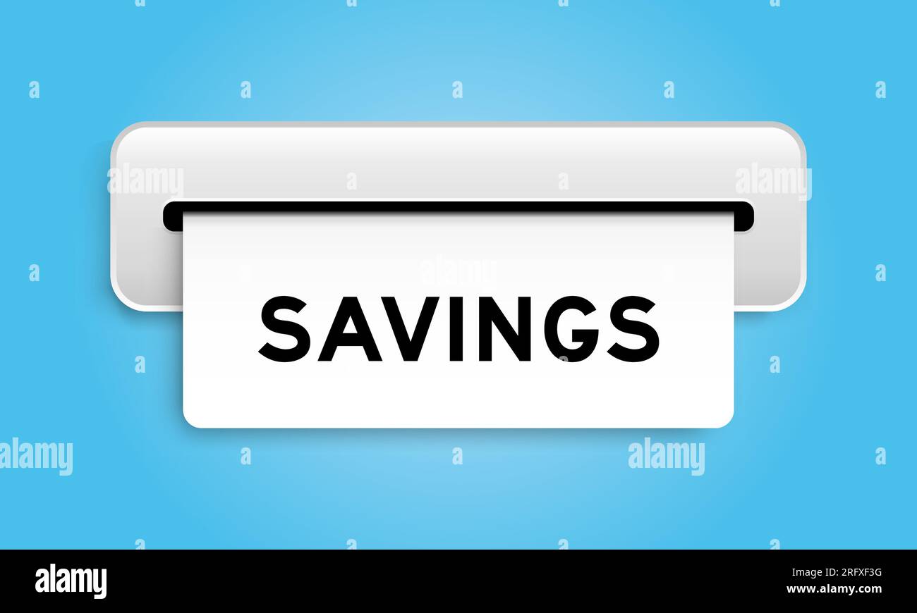 White coupon banner with word savings from machine on blue color ...