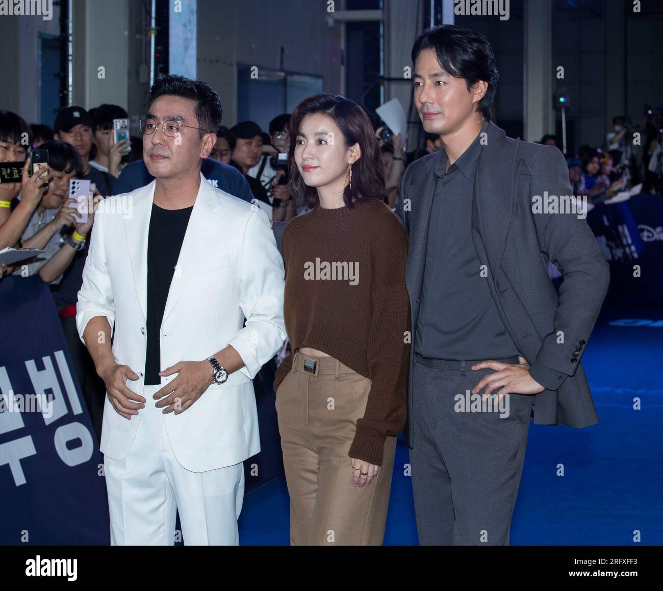 Seoul, South Korea. 3rd Aug, 2023. (L to R) South Korean actors Ryu Seung-ryong, Han Hyo-joo and ...