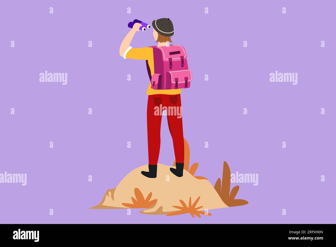 Cartoon flat style drawing back view of girl trekking on mountain ...