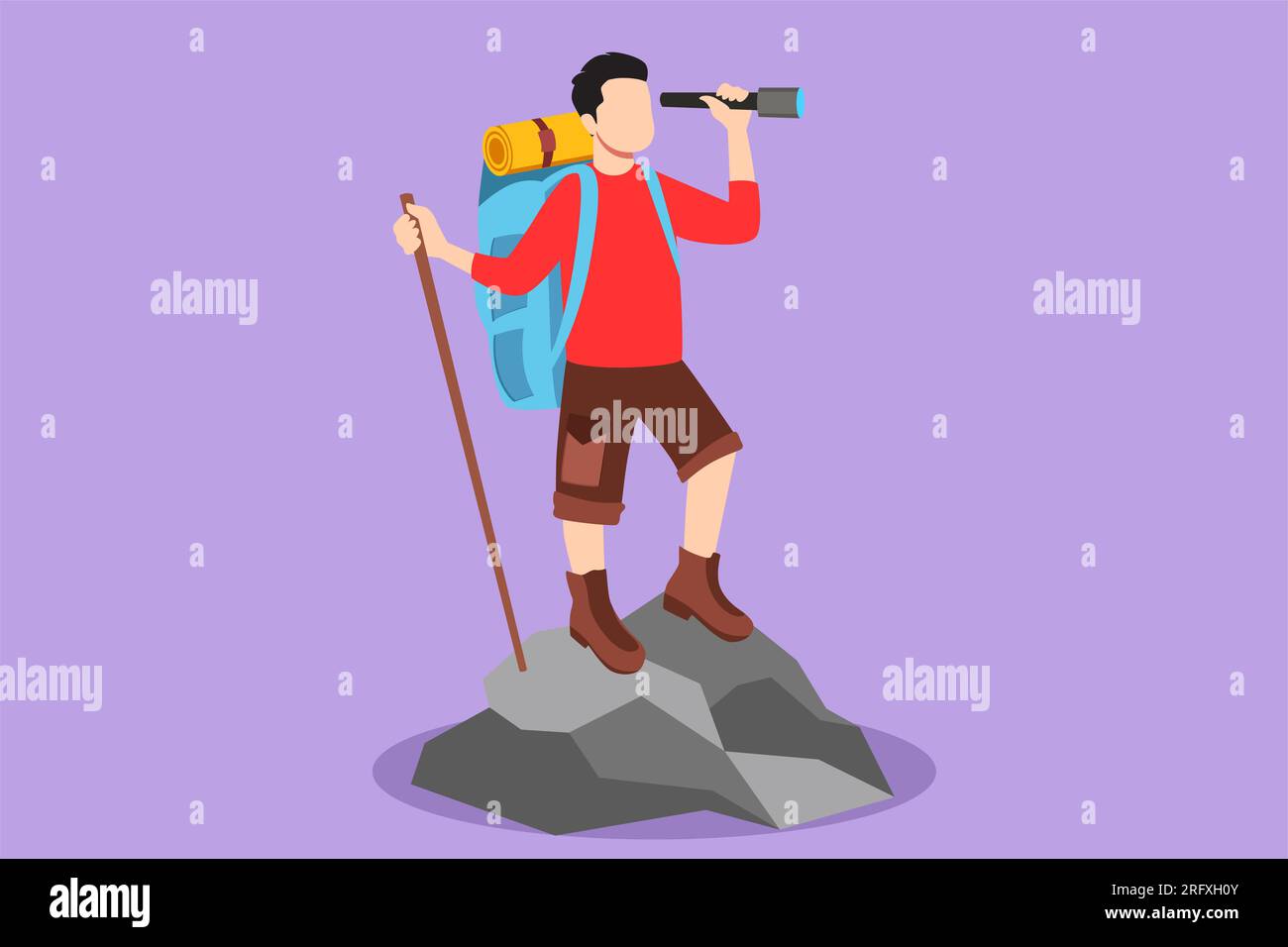 Graphic flat design drawing of active man trekking on mountain. Young ...