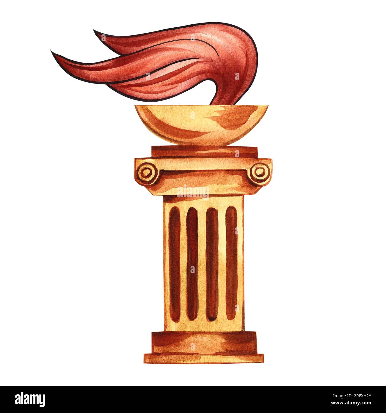 Olympic Flame Of Ancient Greece Torch In A Bowl On A Greek Column Hand Drawn Watercolor