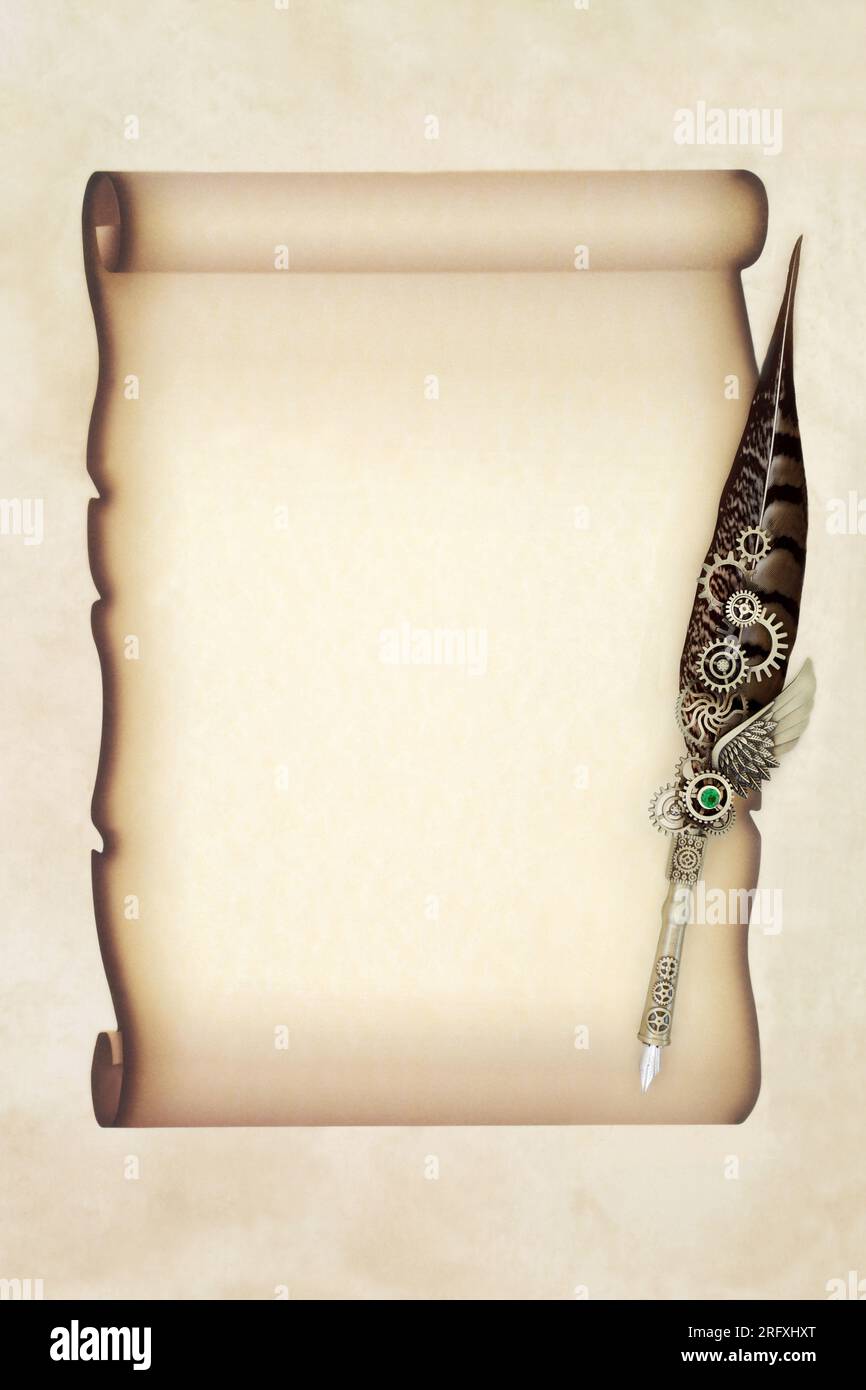 Antique feather quill pen on parchment paper scroll background. 0ld ...