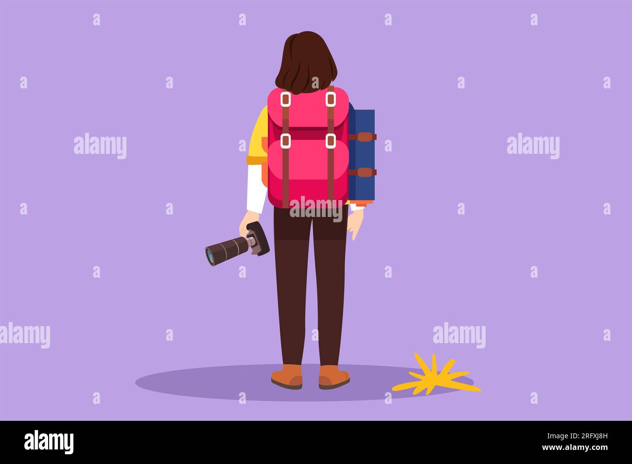 Graphic flat design drawing back view of beautiful woman holding camera ...