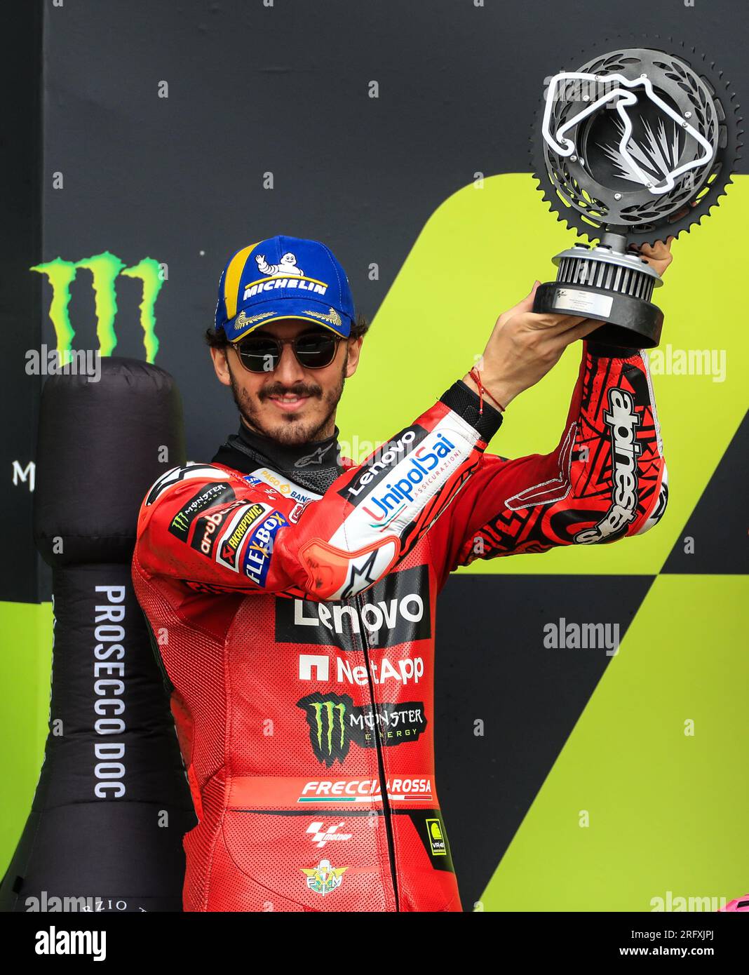 Ducati Lenovo's Francesco Bagnaia celebrates second place on the podium ...
