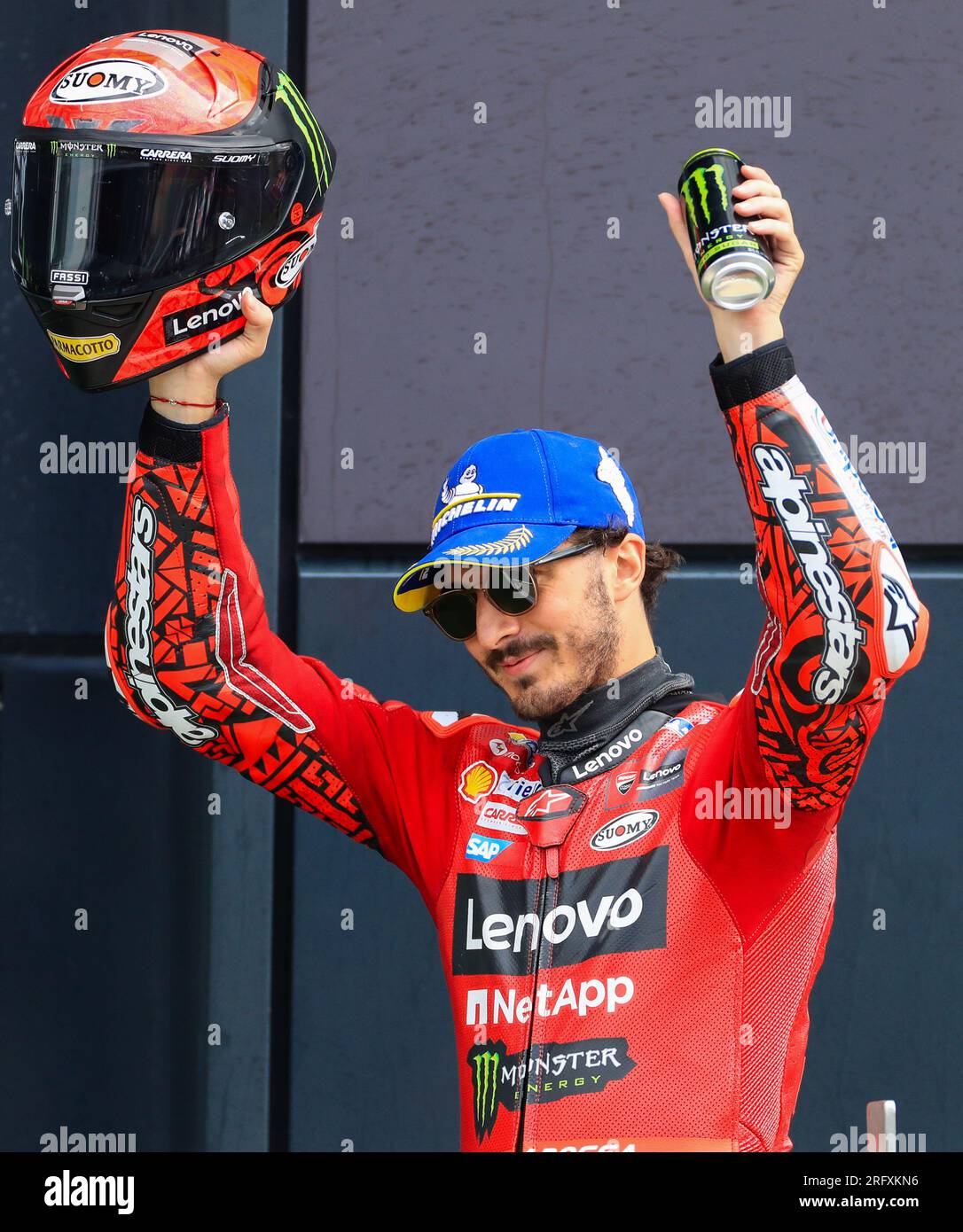 Ducati Lenovo's Francesco Bagnaia celebrates second place on the podium ...