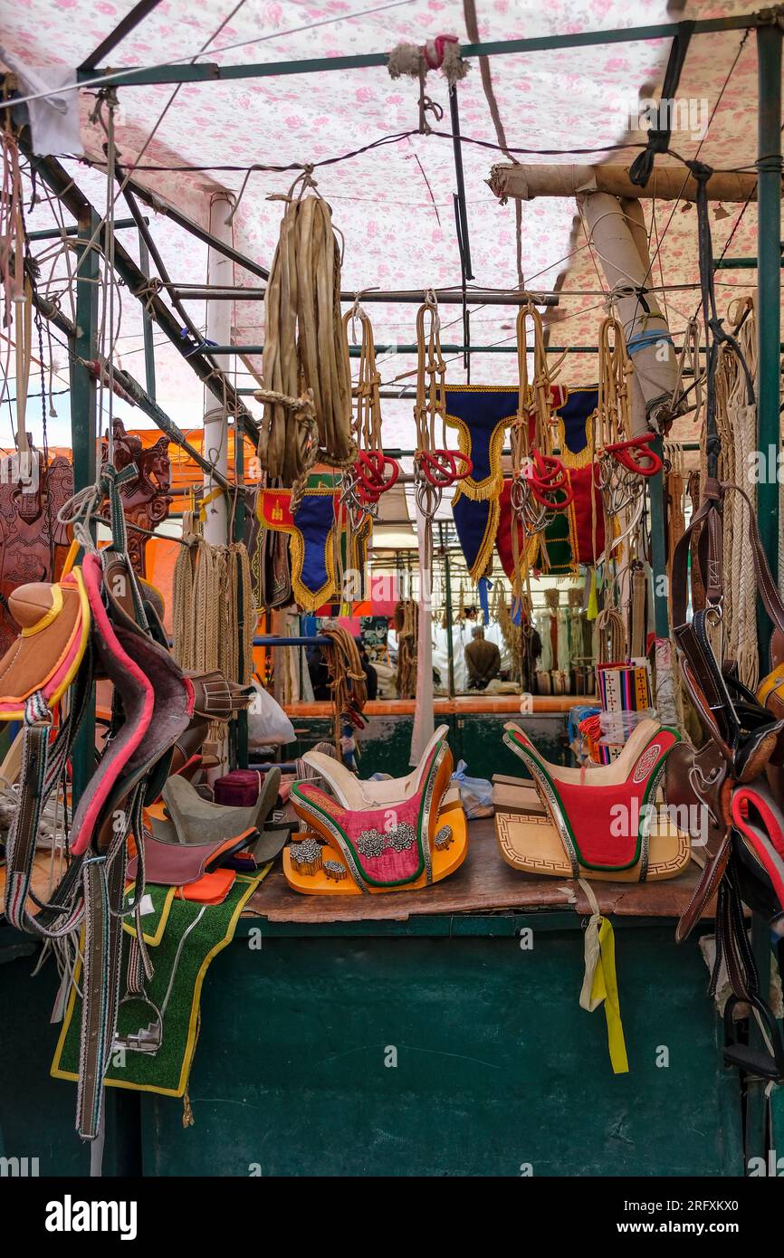 Ulaanbaatar, Mongolia - August 2, 2023: Saddles in the Narantuul Market ...
