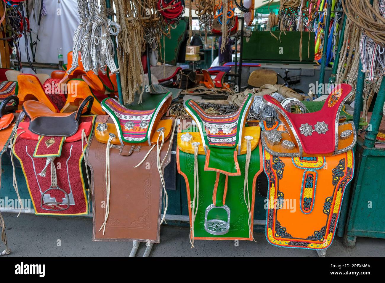 Ulaanbaatar, Mongolia - August 2, 2023: Saddles in the Narantuul Market ...