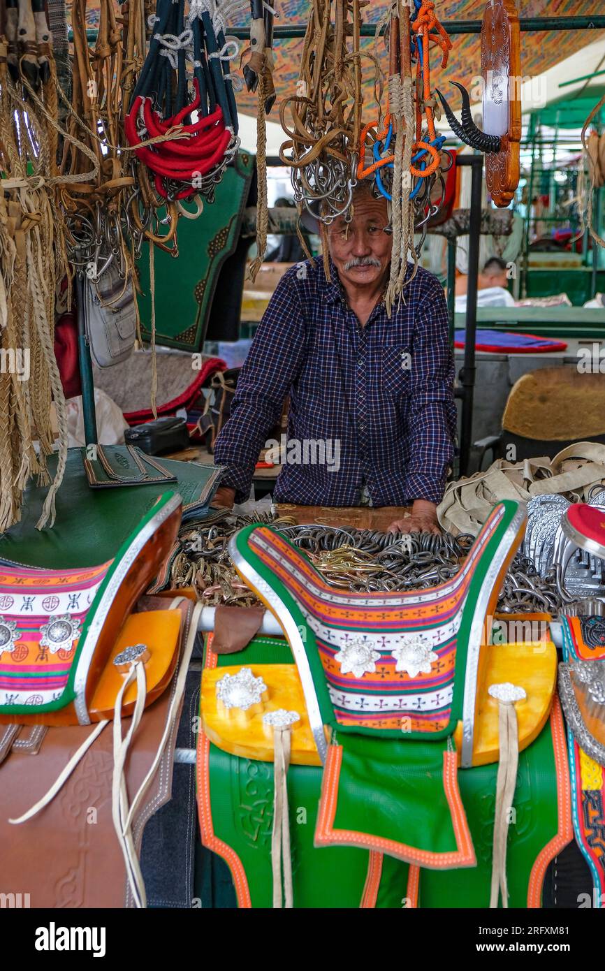 Ulaanbaatar, Mongolia - August 2, 2023: Saddles in the Narantuul Market ...