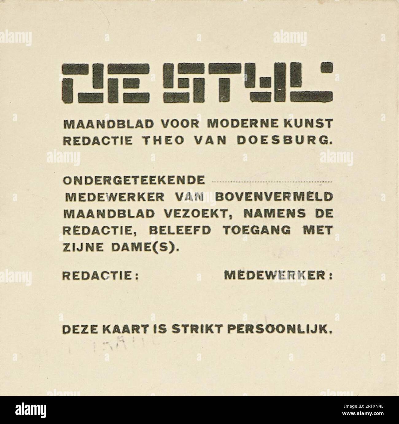 De Stijl press card From May 1917 until November 1918 by Theo van ...