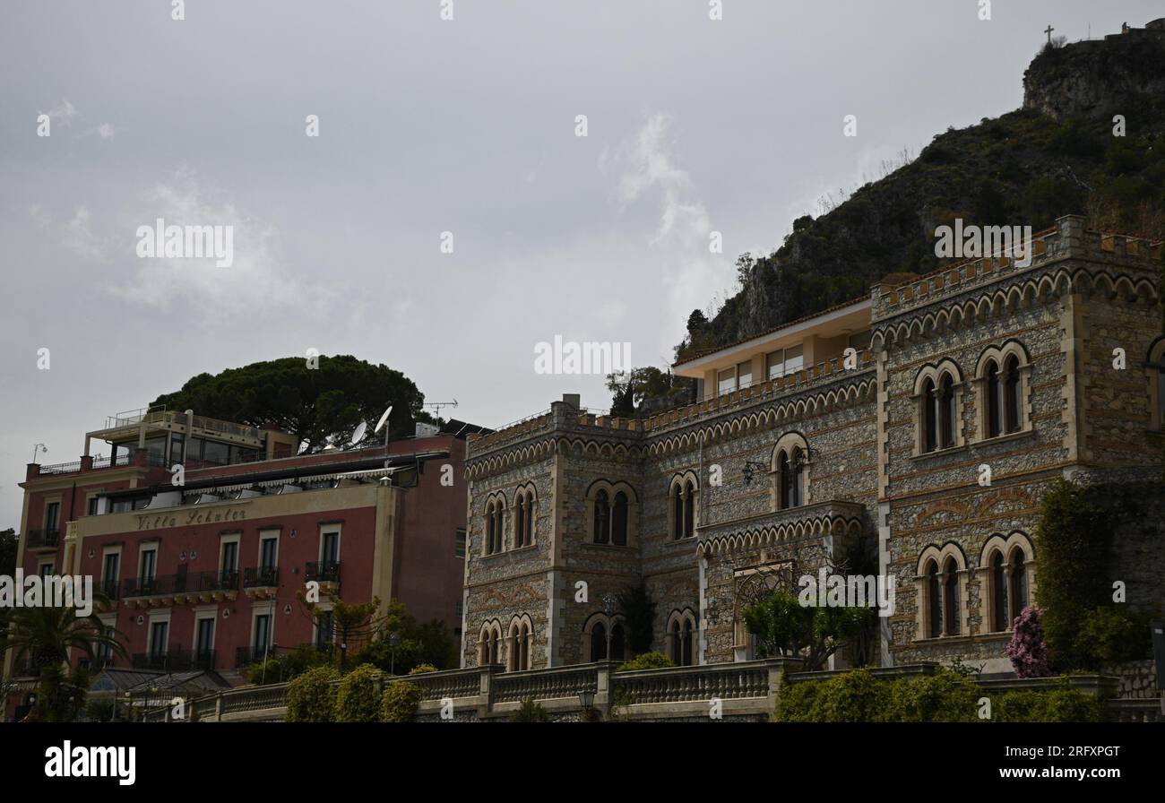 Landscape with scenic view of Hotel Villa Schuler and a Gothic Palazzo ...