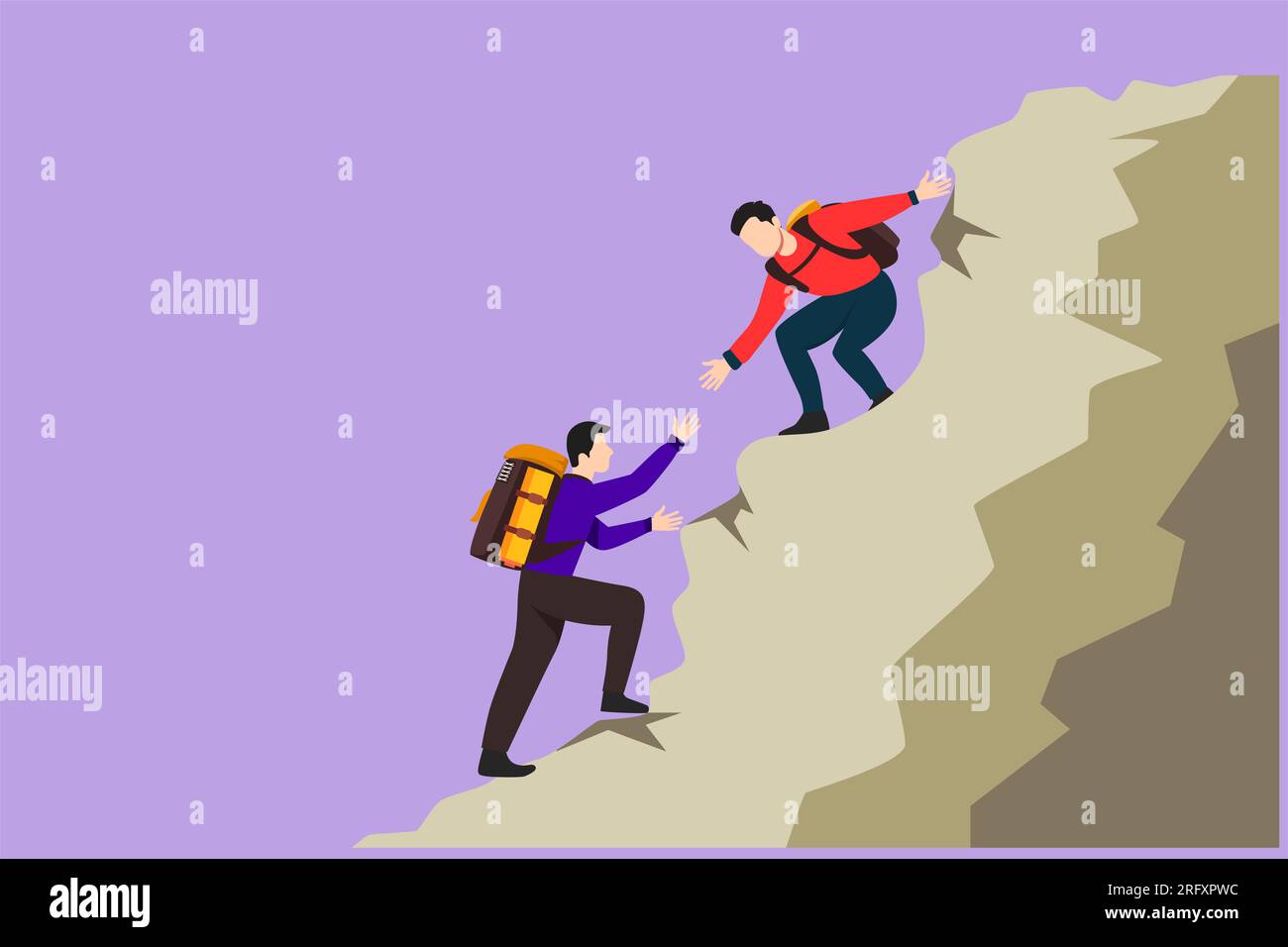 Cartoon flat style drawing of active two men hiker helping each other ...