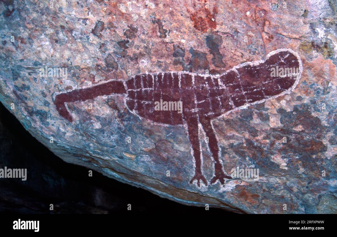 Aboriginal painting showing an Emu at Turtle Rock Art Site, Queensland, Australia Stock Photo ...