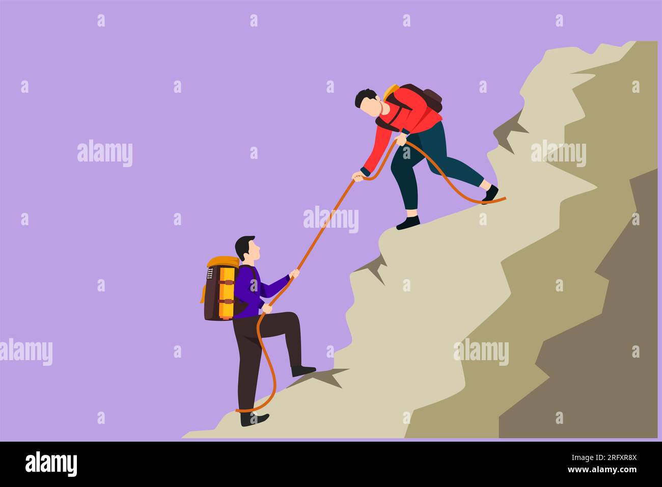 Cartoon flat style drawing active two man hikers climbing up mountain ...
