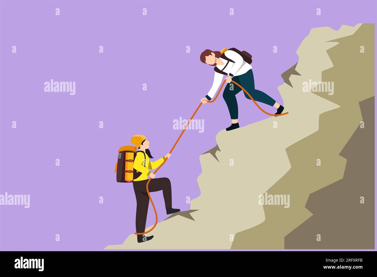 Graphic flat design drawing two women hikers climbing up mountain and ...