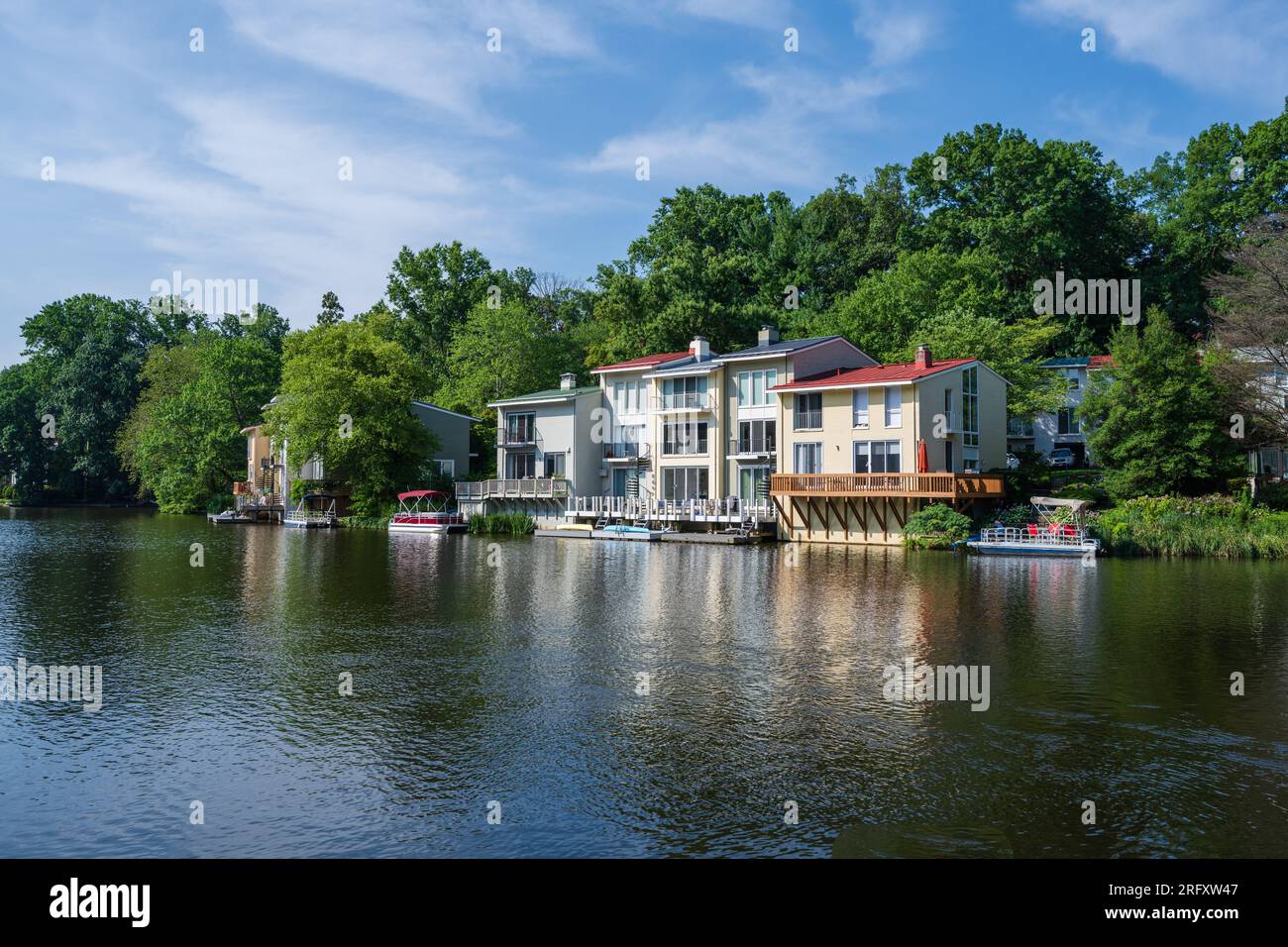 Lake Anne, Reston, VA -- July 8, 2023. A wide angle photo of houses on ...