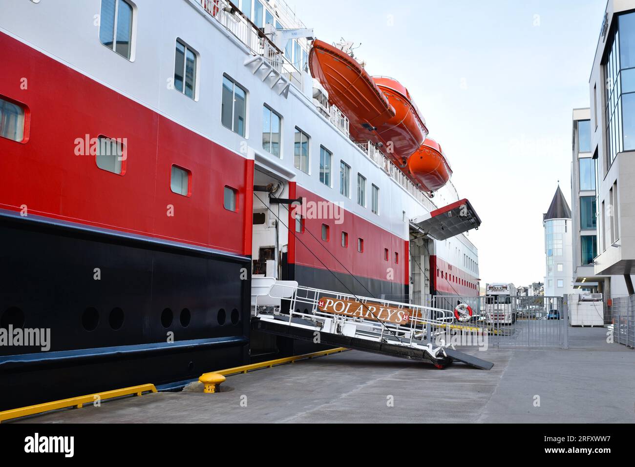 MS Polarlys, a modern exploration ship, is anchored in the port of ...